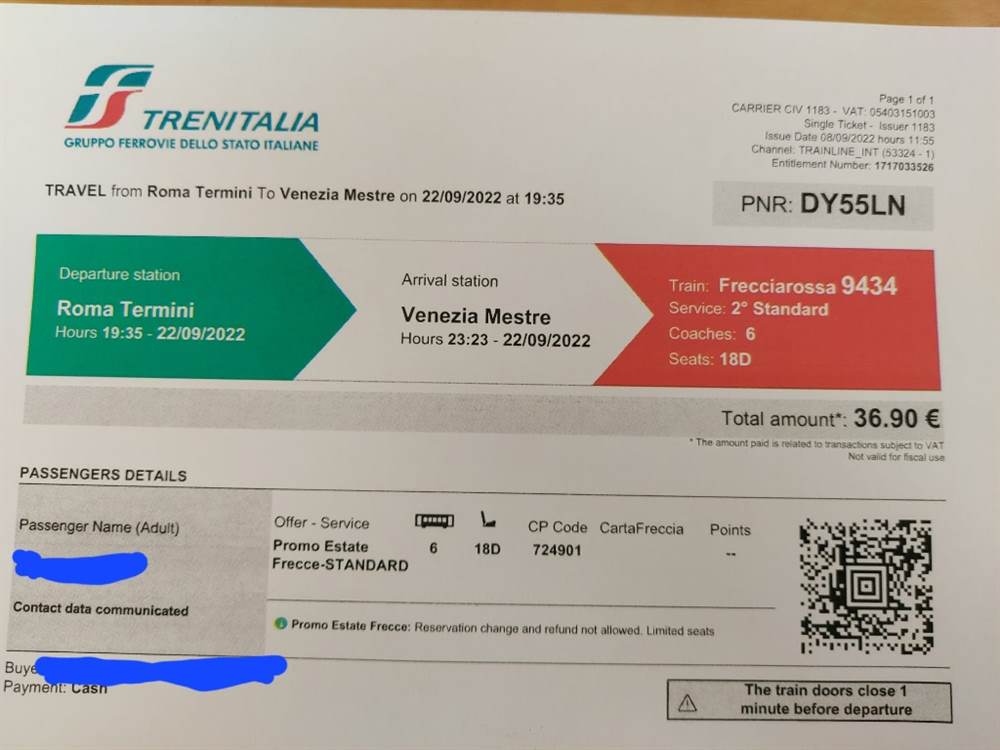 Biglietti treno per due adulti Roma - Mestre - Treviso