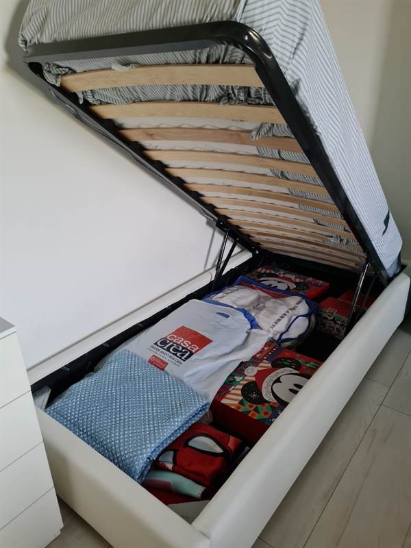 Letto singolo con contenitore, colore bianco, in legno - Palermo