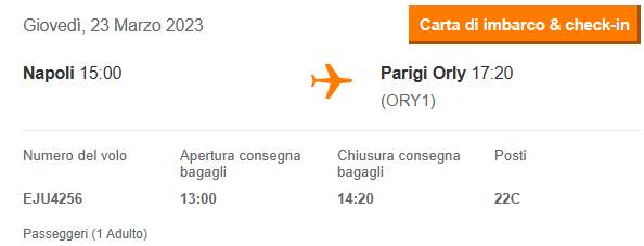 Biglietto Napoli - Parigi Orly 23 Marzo 2023 - Campania